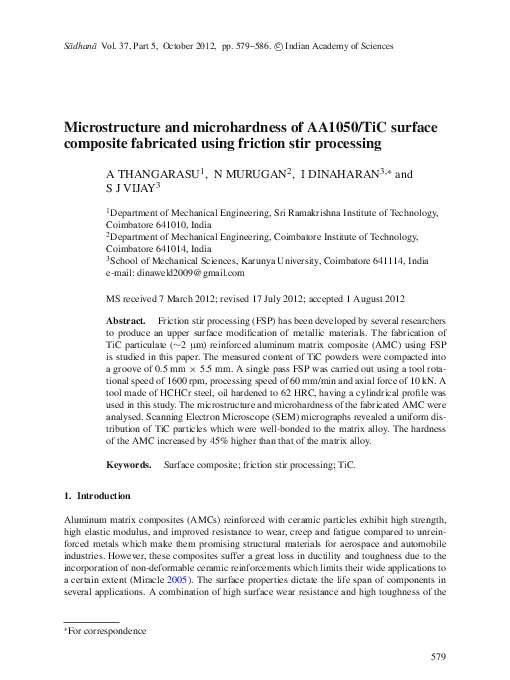 Pdf Microstructure And Microhardness Of Aa1050tic Surface Composite Fabricated Using Friction