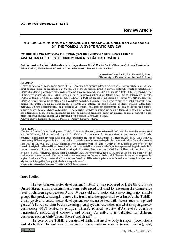 (PDF) Motor competence of brazilian preschool children assessed by TGMD ...