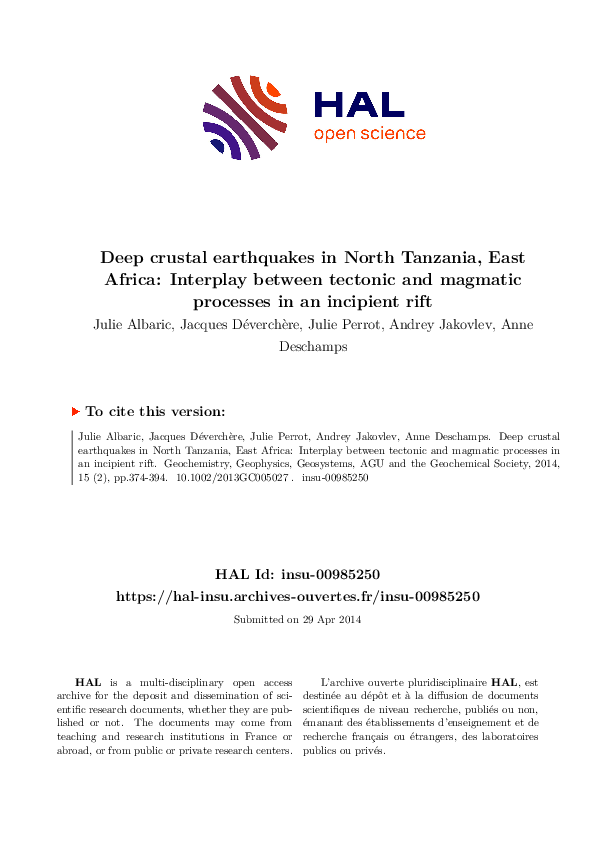 (PDF) Deep crustal earthquakes in North Tanzania, East Africa ...