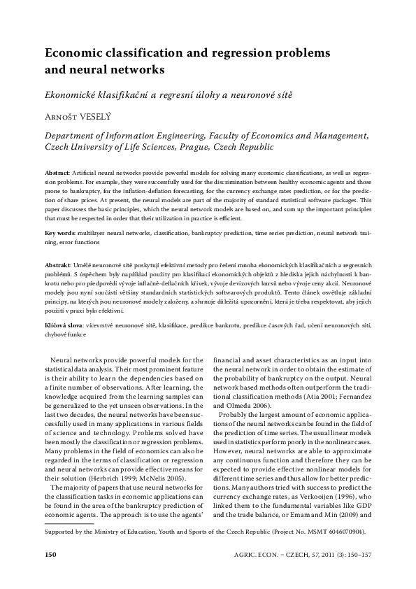 (PDF) Economic classification and regression problems and neural networks (PDF) Economic classification and regression problems and neural networks
