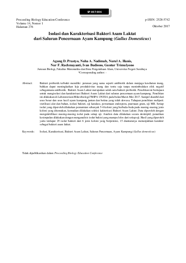 (PDF) Isolasi dan Karakterisasi Bakteri Asam Laktat dari Saluran ...