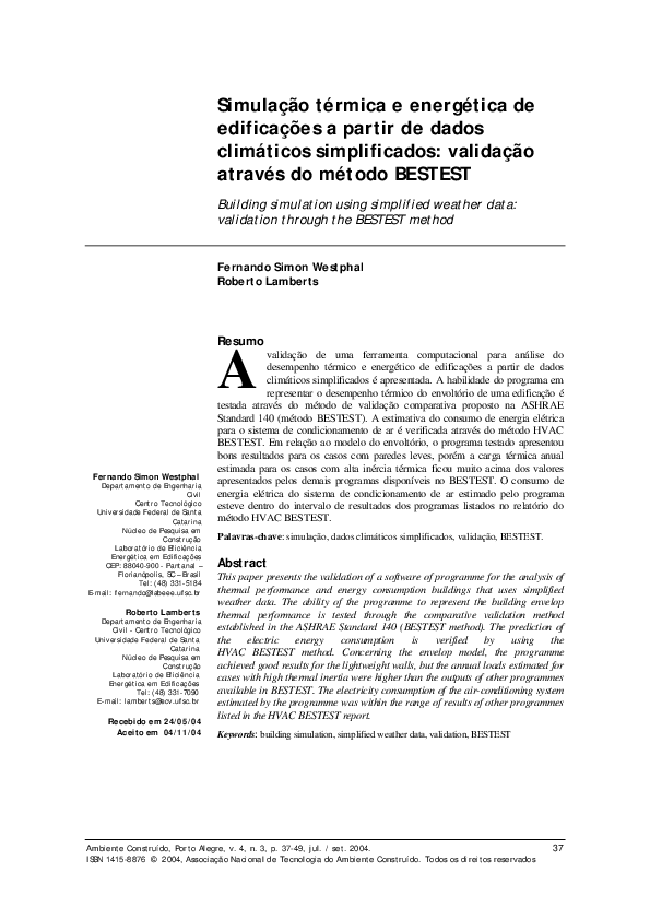 Pdf Building Simulation Using Simplified Weather Data Validation Through The Bestest Method