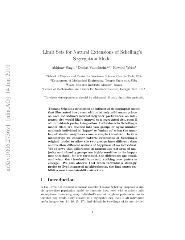 (PDF) Limit sets for natural extensions of Schelling’s segregation model