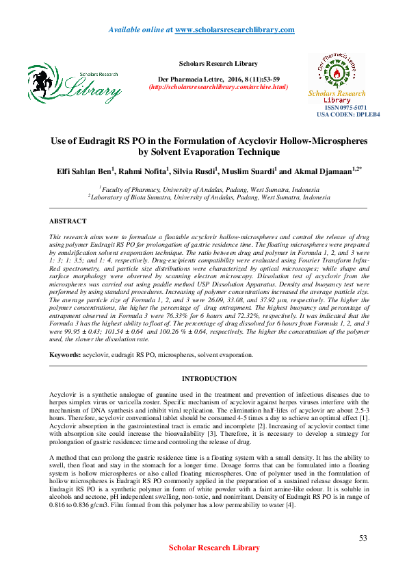 Pdf Use Of Eudragit Rs Po In The Formulation Of Acyclovir Hollow Microspheres By Solvent