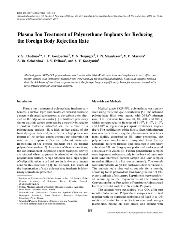 (PDF) Plasma Ion Treatment of Polyurethane Implants for Reducing the ...
