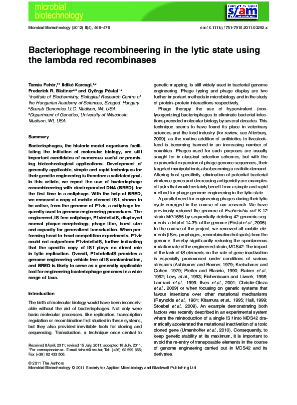 (PDF) Bacteriophage recombineering in the lytic state using the lambda ...