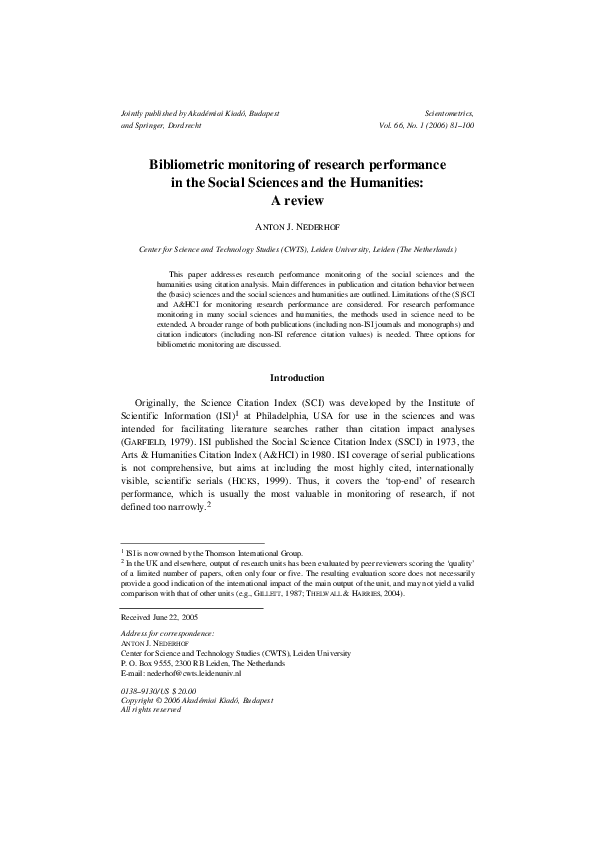 (PDF) Bibliometric monitoring of research performance in the Social ...