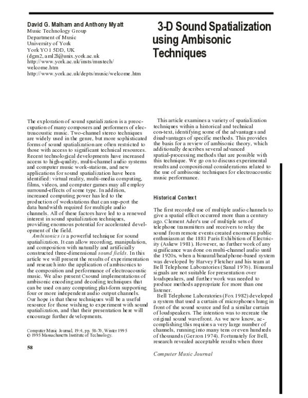(PDF) 3-D Sound Spatialization using Ambisonic Techniques