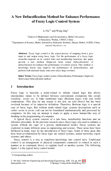 (PDF) A New Defuzzification Method for Enhance Performance of Fuzzy Logic Control System
