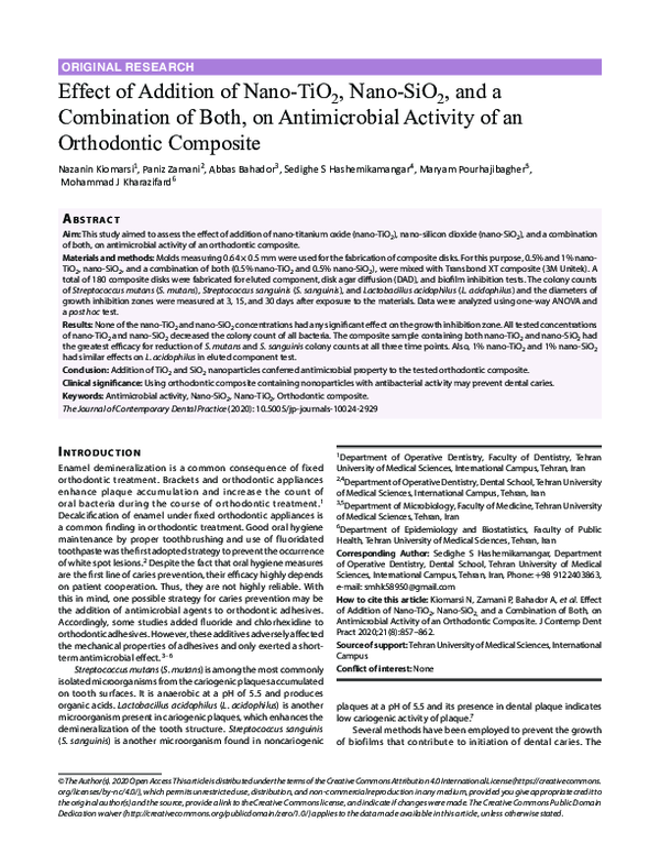 Pdf Effect Of Addition Of Nano Tio2 Nano Sio2 And A Combination Of Both On Antimicrobial