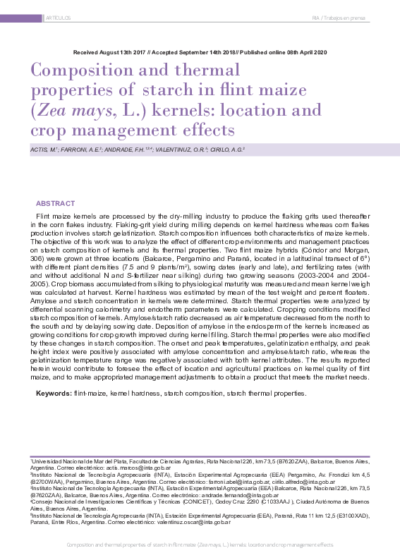 (PDF) Composition and thermal properties of starch in flint maize (Zea mays, L.) kernels ...