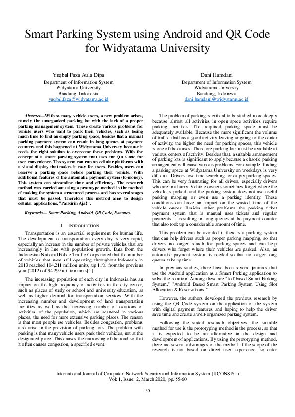 (PDF) Smart Parking System using Android and QR Code for Widyatama University