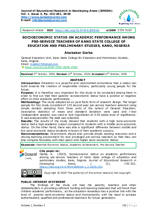 (PDF) Socioeconomic status on academic performance among pre-service teachers of Kano state ...