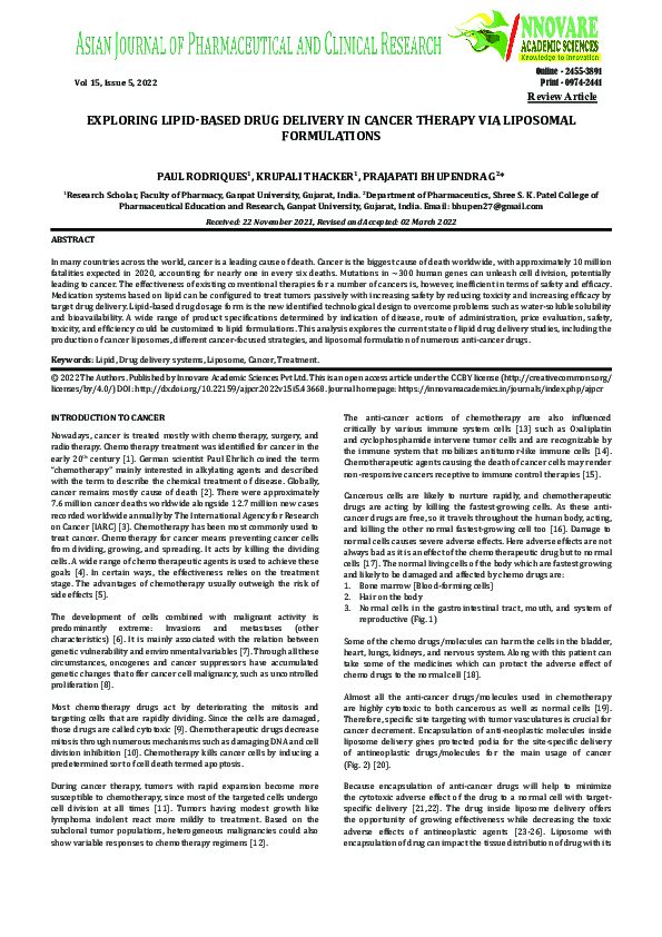 (PDF) EXPLORING LIPID-BASED DRUG DELIVERY IN CANCER THERAPY VIA LIPOSOMAL FORMULATIONS