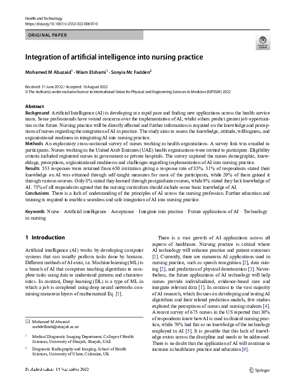 (PDF) Integration of artificial intelligence into nursing practice