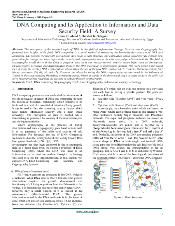 (PDF) DNA Computing and Its Application to Information and Data Security Field?: A Survey