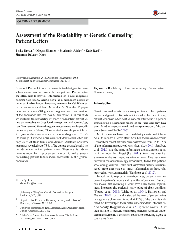 (PDF) Assessment of the Readability of Genetic Counseling Patient Letters