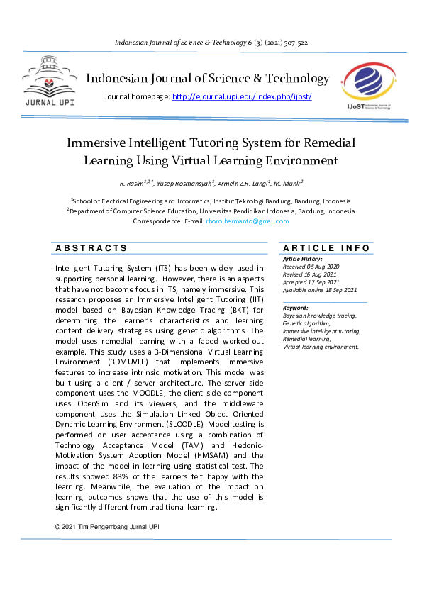 (PDF) Immersive Intelligent Tutoring System for Remedial Learning Using Virtual Learning Environment