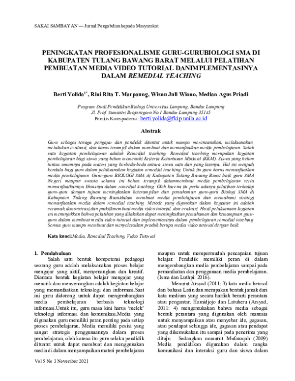 (PDF) Peningkatan Profesionalisme Guru-Gurubiologi Sma DI Kabupaten Tulang Bawang Barat Melalui ...