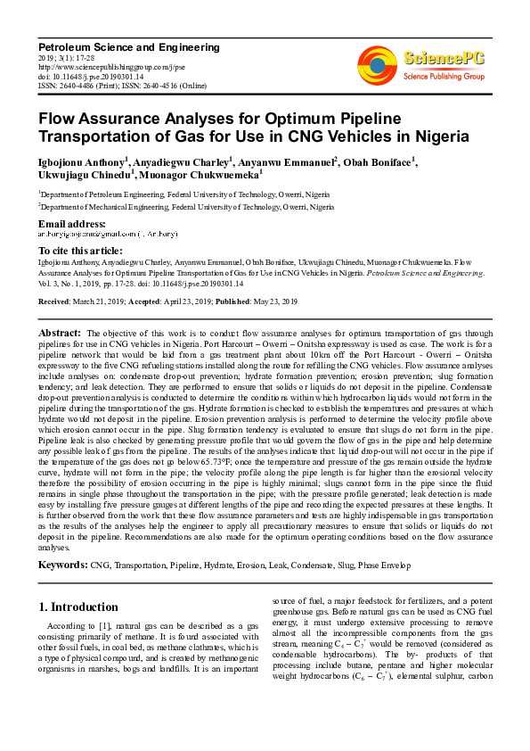 (PDF) Flow Assurance Analyses for Optimum Pipeline Transportation of Gas for Use in CNG Vehicles ...