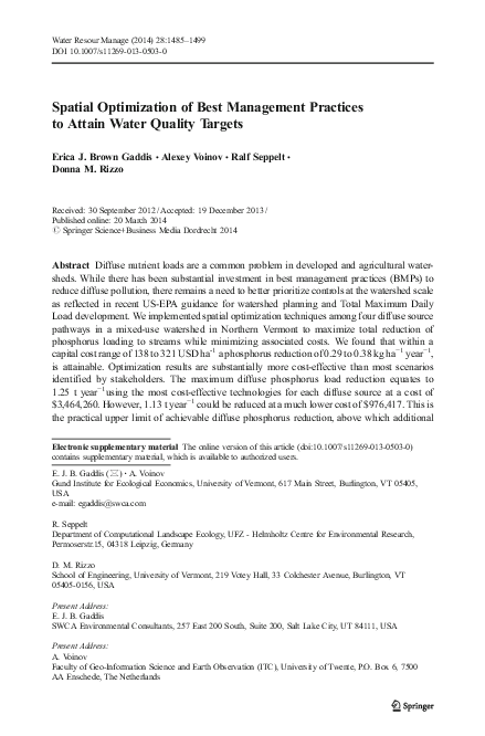 Pdf Spatial Optimization Of Best Management Practices To Attain Water Quality Targets