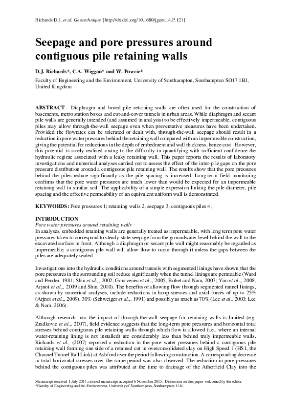(PDF) Seepage and pore pressures around contiguous pile retaining walls