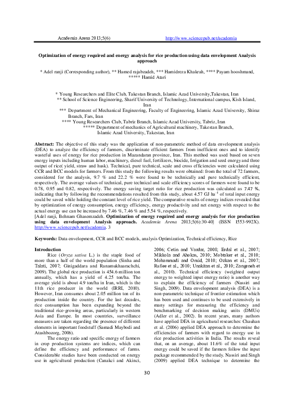 (PDF) Optimization of energy required and energy analysis for rice production using data ...
