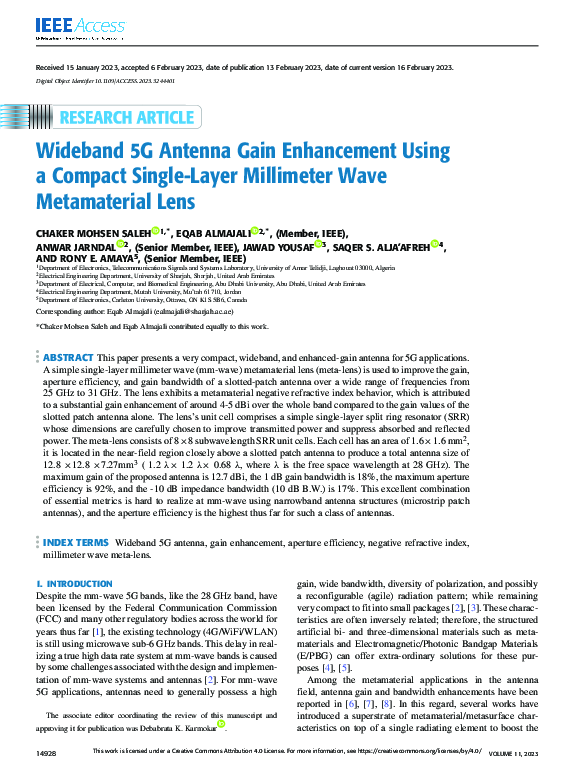 (PDF) Wideband 5G Antenna Gain Enhancement Using a Compact Single-Layer Millimeter Wave ...