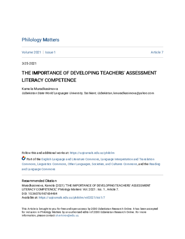 (PDF) The Importance of Developing Teachers' Assessment Literacy Competence