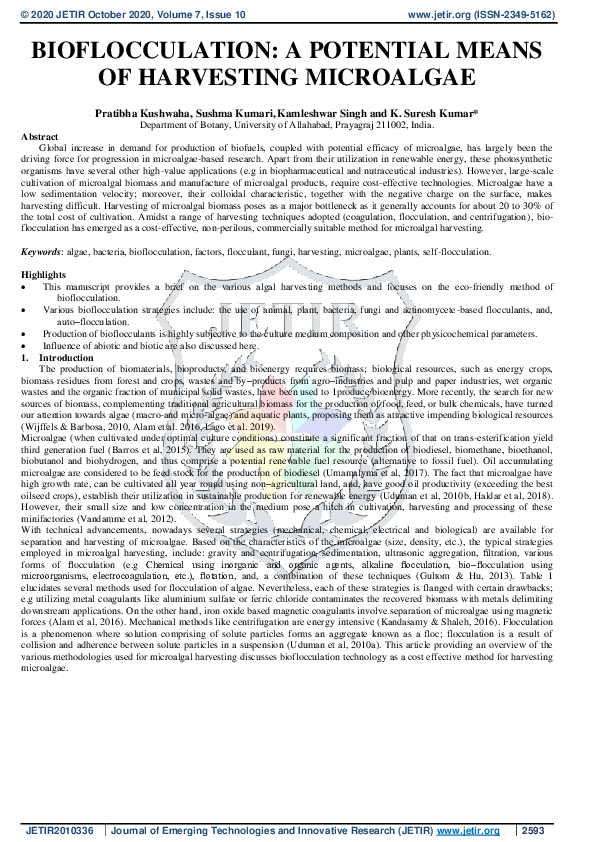 (PDF) Bioflocculation : A Potential Means of Harvesting Microalgae