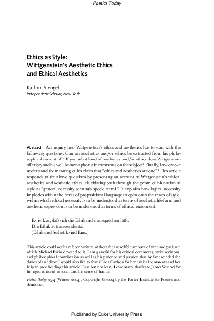 (PDF) Ethics as Style: Wittgenstein's Aesthetic Ethics and Ethical ...