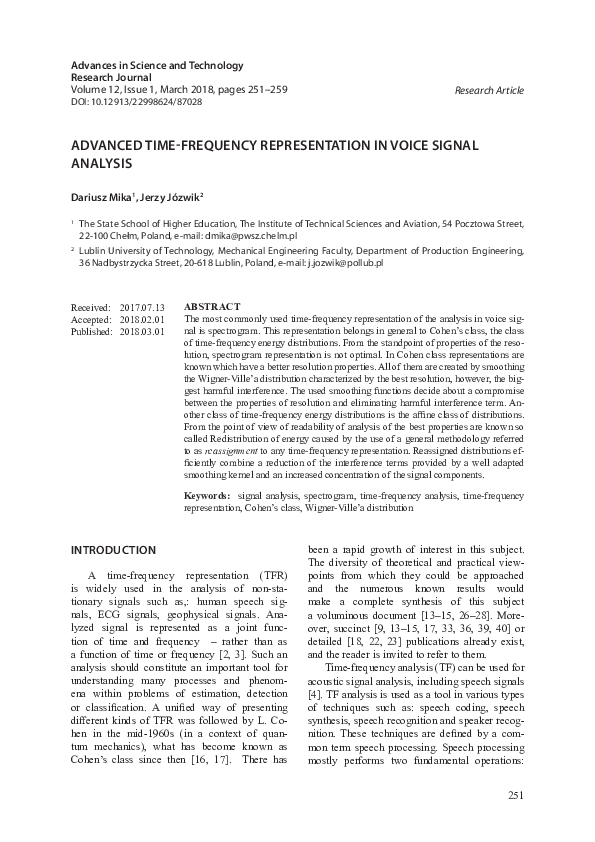 Pdf Advanced Time Frequency Representation In Voice Signal Analysis