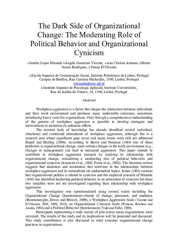 (PDF) The Dark Side of Organizational Change: The Moderating Role of Political Behavior and ...