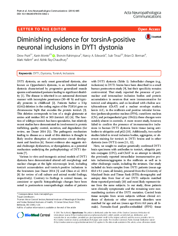 (PDF) Diminishing evidence for torsinA-positive neuronal inclusions in DYT1 dystonia