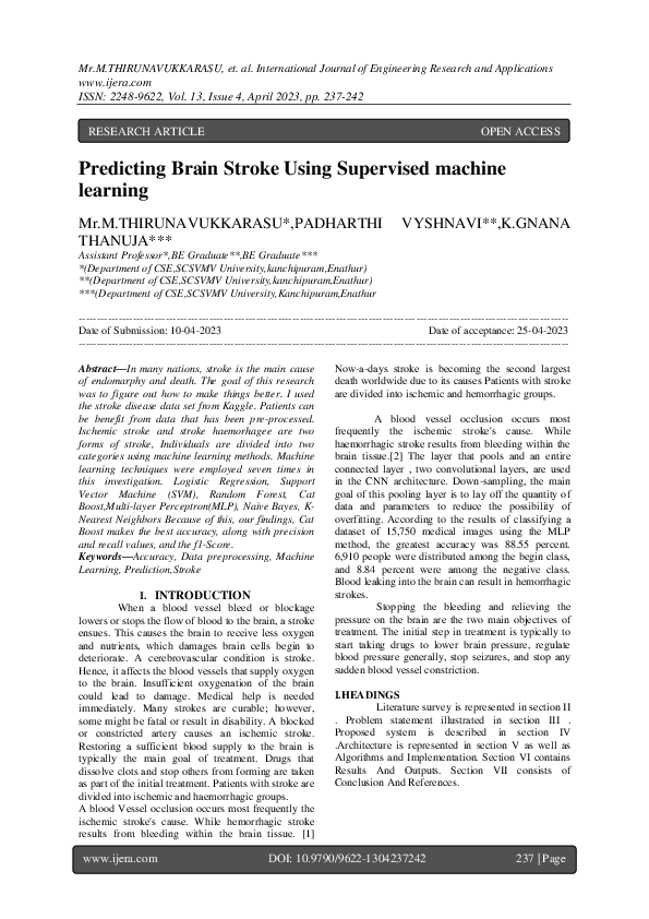 (PDF) Predicting Brain Stroke Using Supervised machine learning