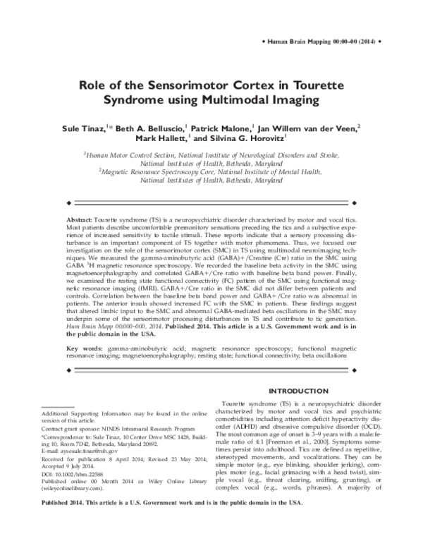 (PDF) Role of the sensorimotor cortex in Tourette syndrome using multimodal imaging