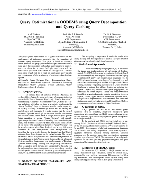 (PDF) Query Optimization in OODBMS using Query Decomposition and Query Caching