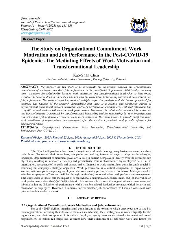 (PDF) The Study on Organizational Commitment, Work Motivation and Job Performance in the Post ...