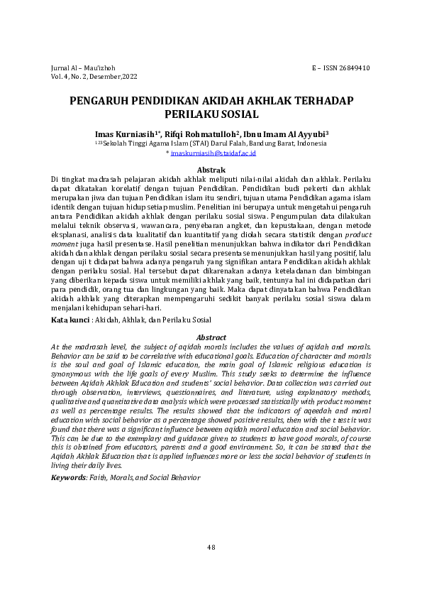 (PDF) Pengaruh Pendidikan Akidah Akhlak Terhadap Perilaku Sosial