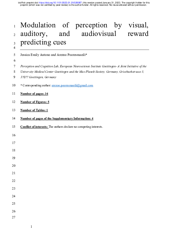 (PDF) Modulation of perception by visual, auditory, and audiovisual reward predicting cues