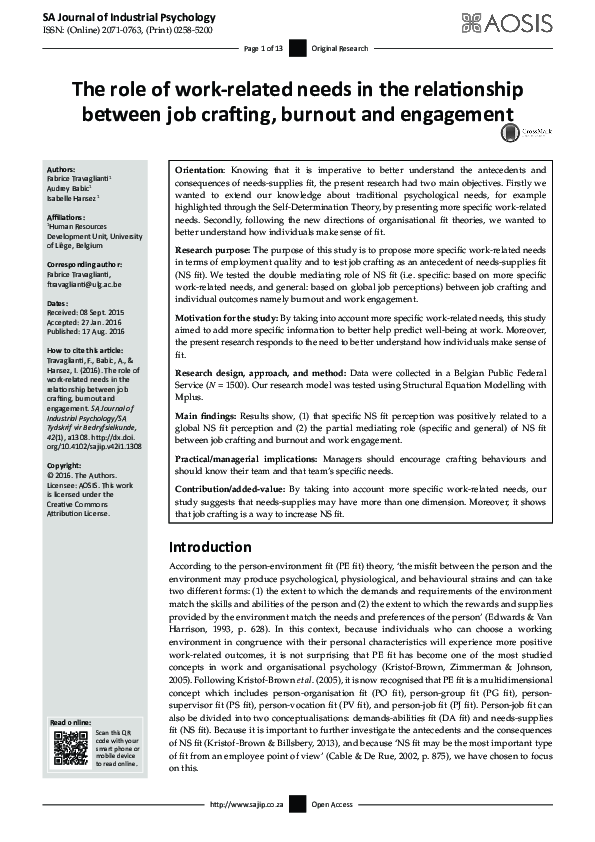 (PDF) The role of work-related needs in the relationship between job ...