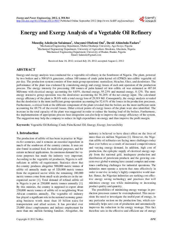 (PDF) Energy and Exergy Analysis of a Vegetable Oil Refinery