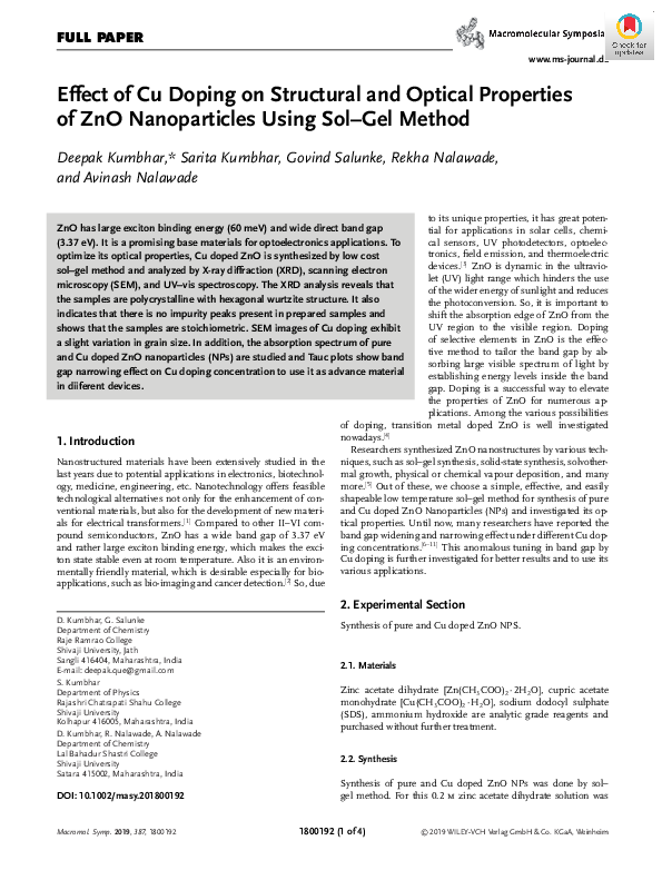 (PDF) Effect of Cu Doping on Structural and Optical Properties of ZnO Nanoparticles Using Sol ...