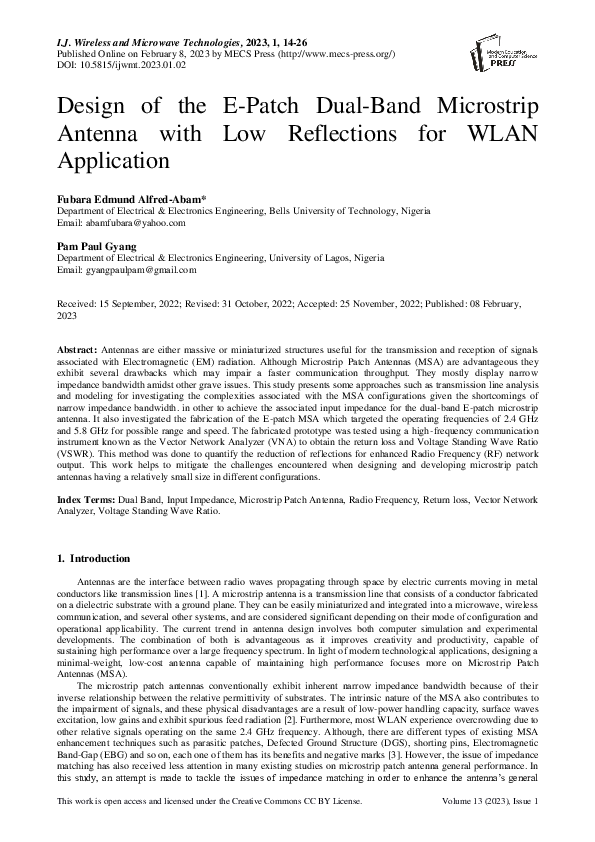 (PDF) Design of the E-Patch Dual-Band Microstrip Antenna with Low Reflections for WLAN Application