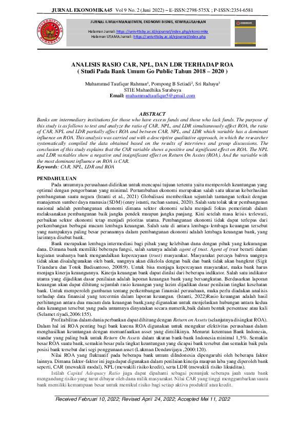 (PDF) Analisis Rasio Car, NPL, Dan LDR Terhadap Roa