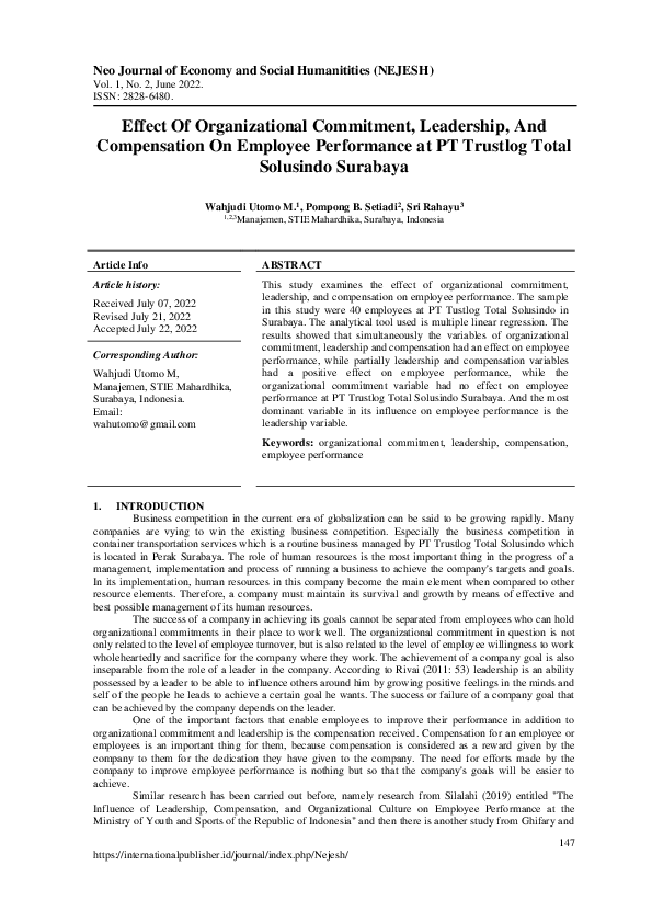 (PDF) Effect Of Organizational Commitment, Leadership, And Compensation On Employee Performance ...