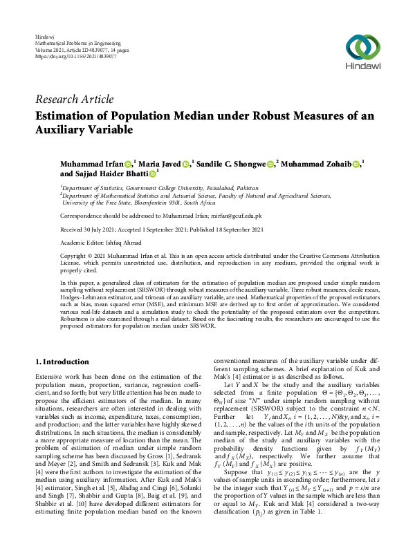 Pdf Estimation Of Population Median Under Robust Measures Of An Auxiliary Variable