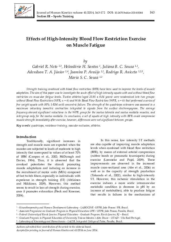 (PDF) Effects of High-Intensity Blood Flow Restriction Exercise on Muscle Fatigue