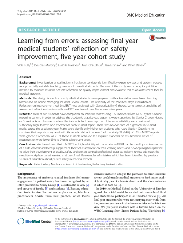 (PDF) Learning from errors: assessing final year medical students' reflection on safety ...
