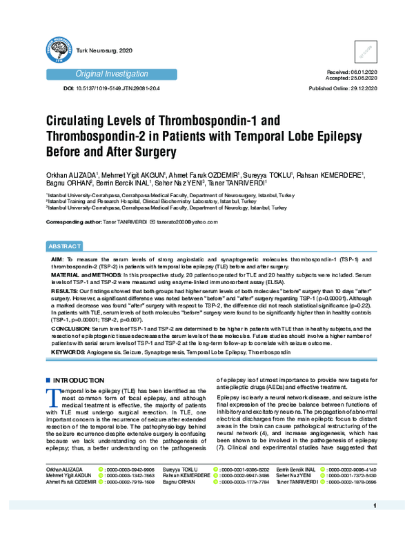 (PDF) Thrombospondin-1 and -2 Levels in Temporal Lobe Epilepsy Surgery